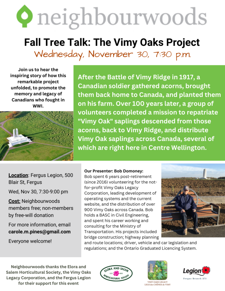 Tree Talk: Nov. 30, 2022, The Vimy Oaks Project – Elora Environment Centre